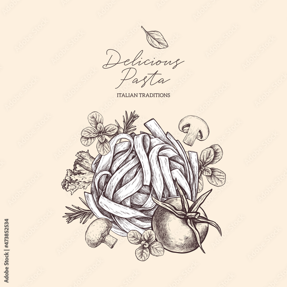 Italian pasta design template. Vector hand drawn illustration in ...