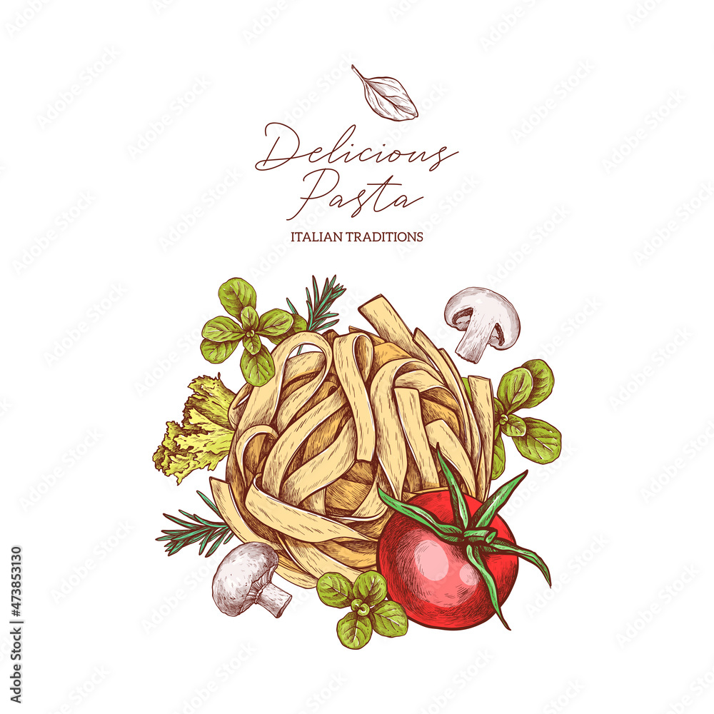 Italian pasta design template. Vector hand drawn illustration in ...