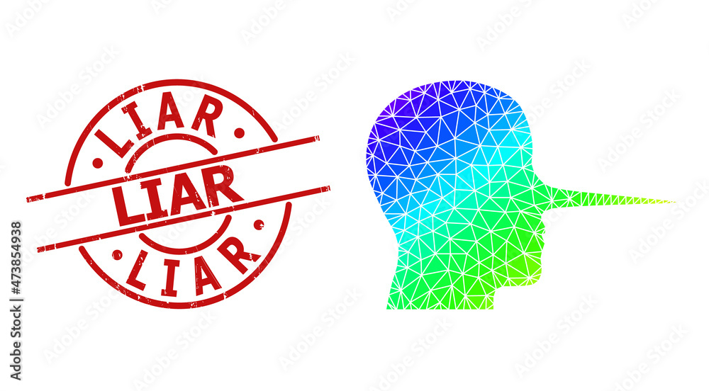 LIAR unclean stamp and lowpoly rainbow colored liar person icon with ...