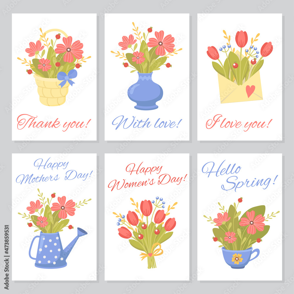 Set of cute spring cards with colorful flowers in cartoon style. Vector ...