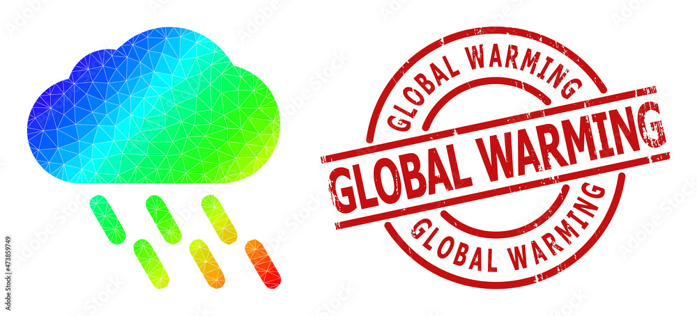 GLOBAL WARMING corroded stamp, and lowpoly rainbow colored rain icon with gradient. Red stamp ...
