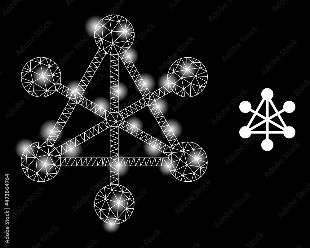 Glowing mesh network nodes web icon with illuminated light spots ...