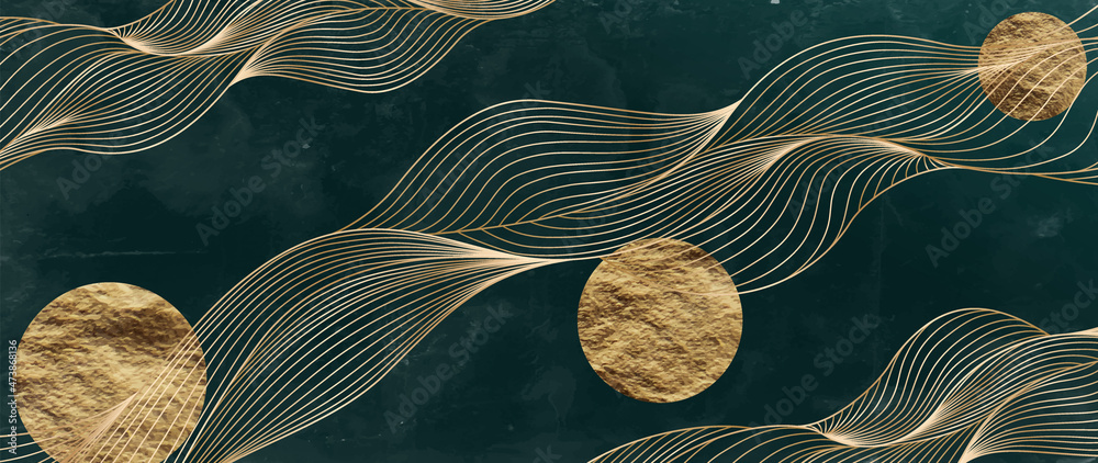 Luxury dark green and gold art background with moon or sun waves lines. Abstract background for ...