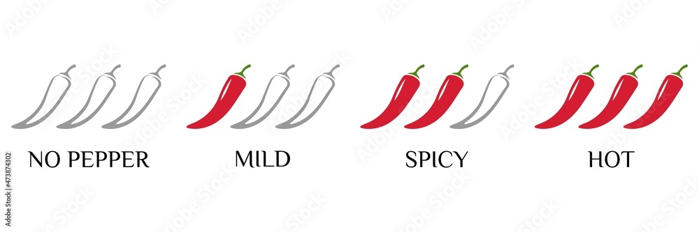 Vector illustration. Spicy hot chili pepper icons set with flame and ...