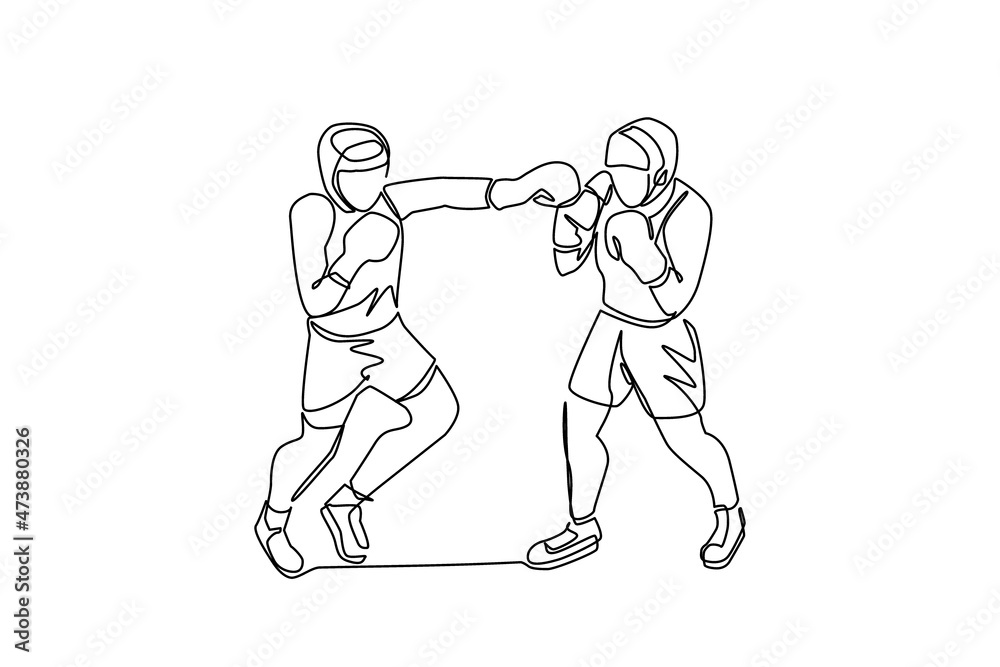 Continuous one line drawing boxers fighting on ring, opponents in ...