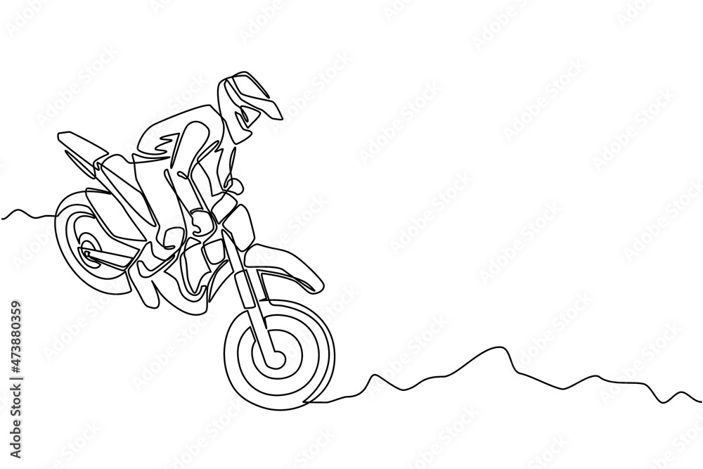 Continuous one line drawing young motocross rider ride motocross bike ...