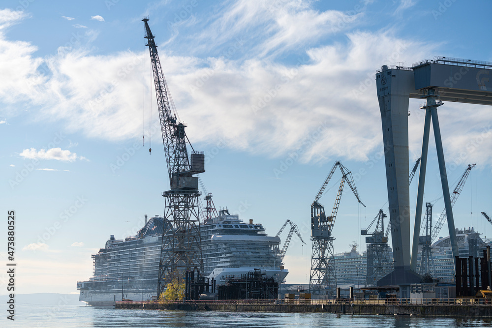 Monfalcone, Italy. December 2021. view of a large cruise ship under ...