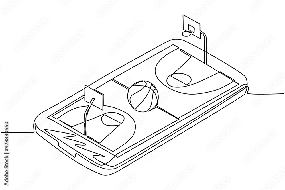 Vetor de Continuous one line drawing basketball online concept ...