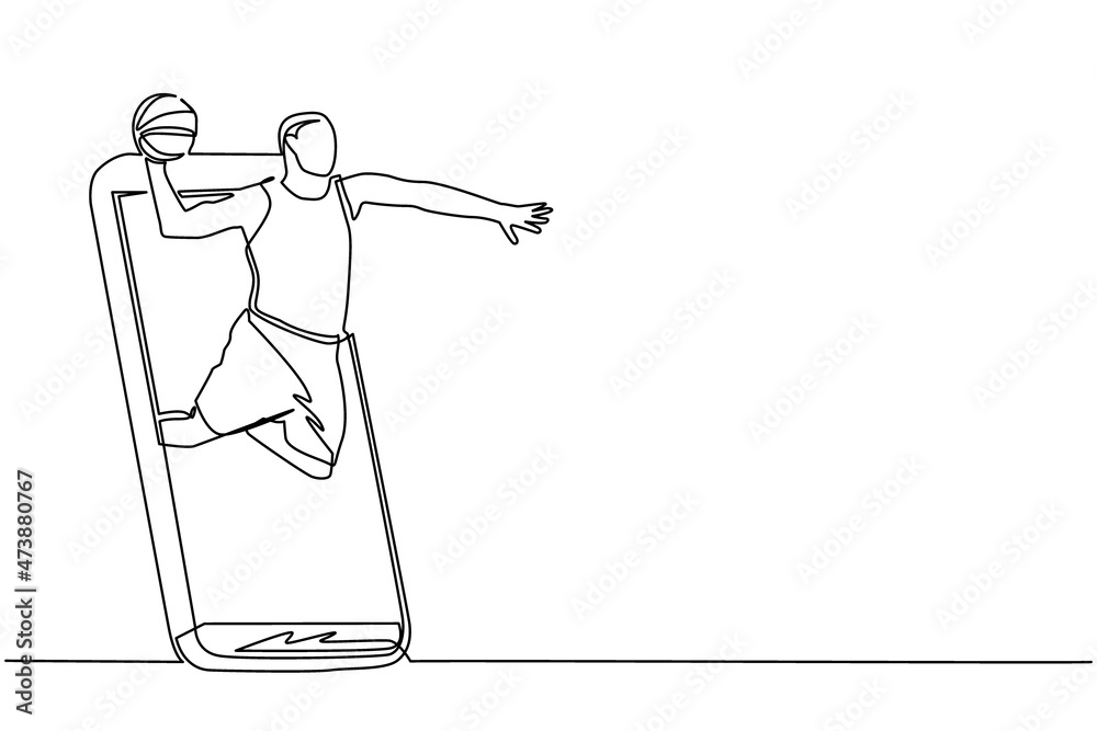 Single one line drawing basketball player jump and doing slam dunk ball ...