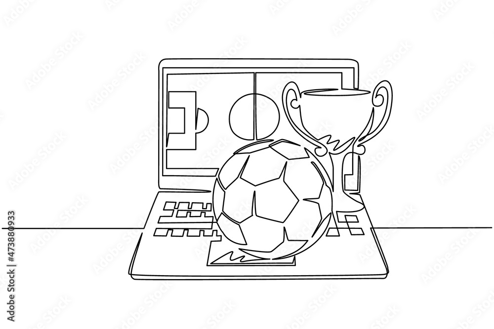 Continuous one line drawing football field on screen laptop with soccer ...