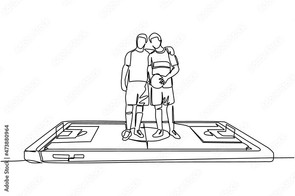 Single continuous line drawing two soccer players embrace each other on ...