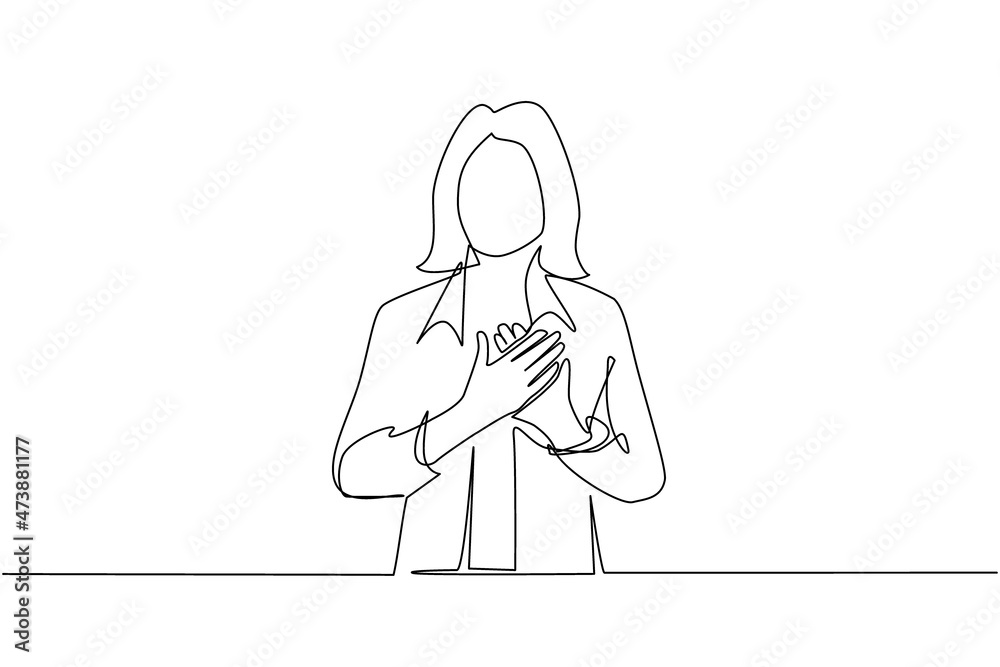 Continuous one line drawing young woman keeping hands on chest. Female ...