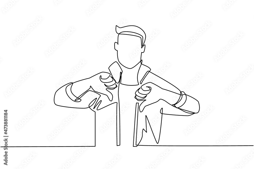 Single continuous line drawing unhappy young man showing thumbs down ...