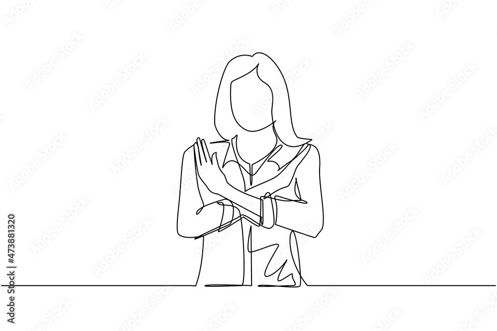 Single continuous line drawing young woman crossing arms and saying no ...