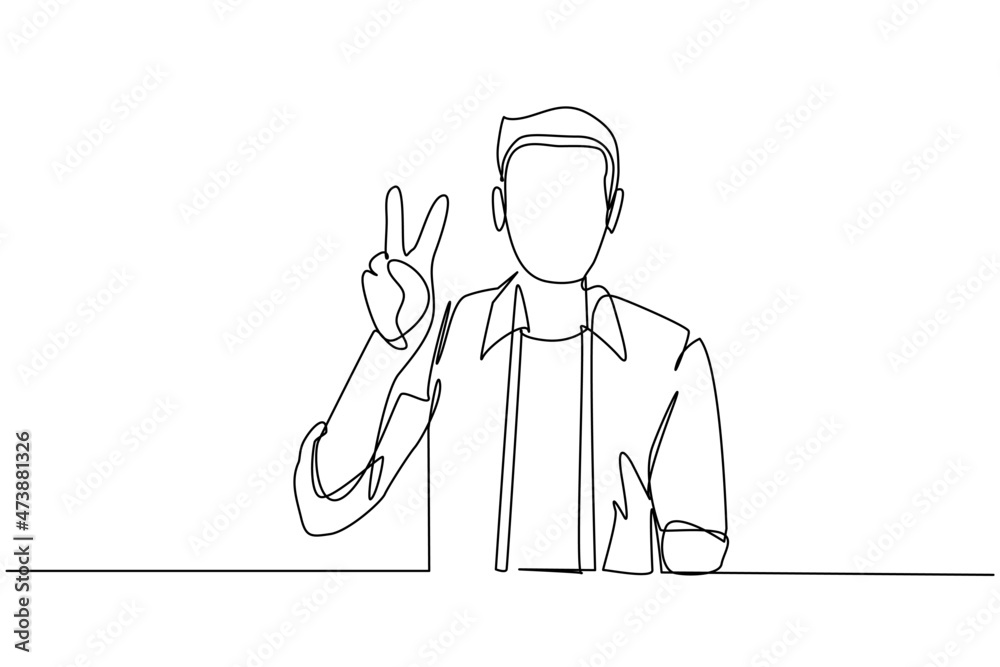 Continuous one line drawing smiling man is showing victory sign. Young ...