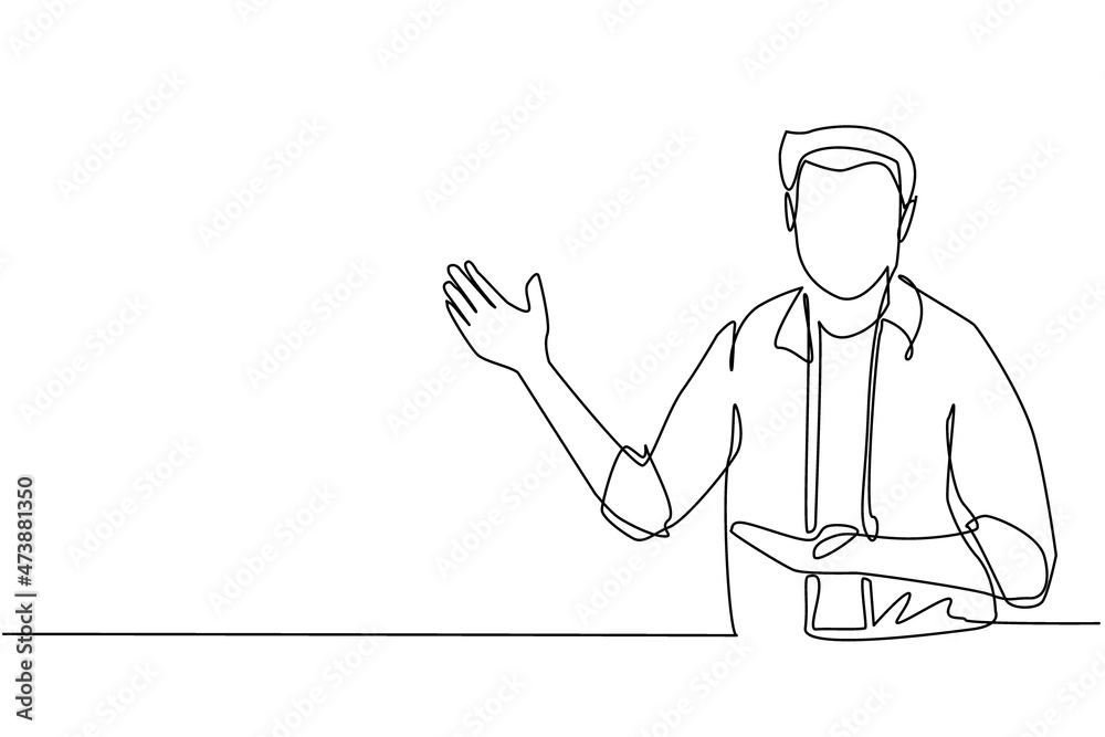 Single one line drawing handsome man in casual clothes presenting ...