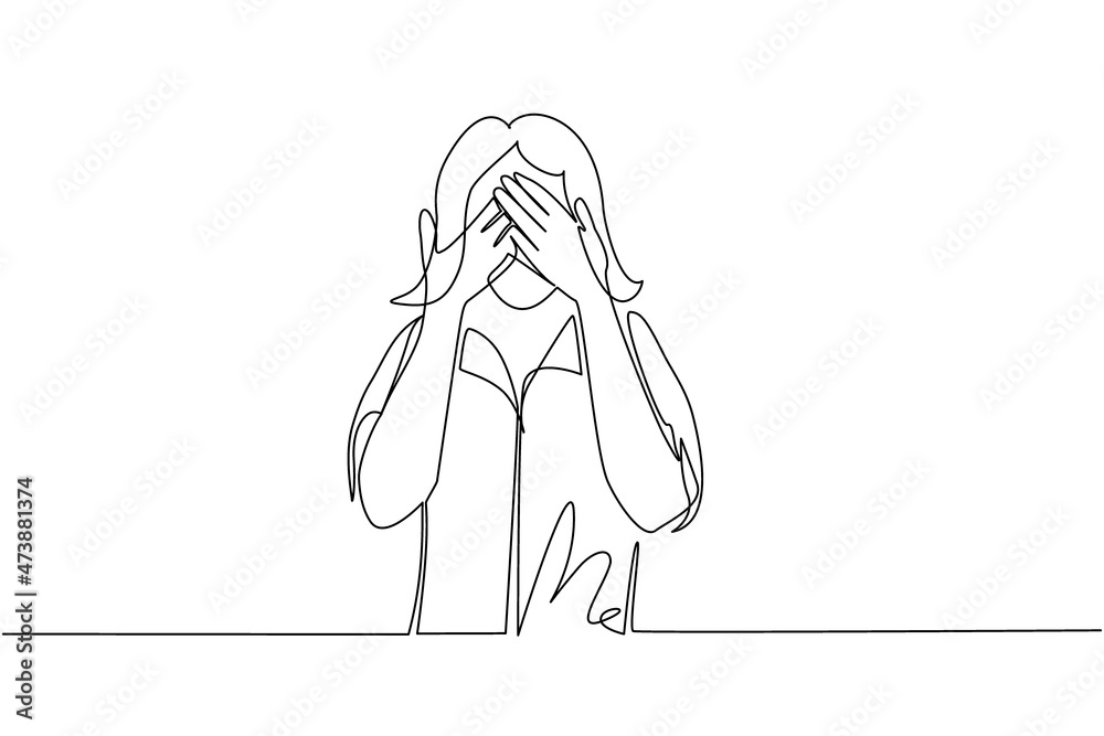 Single continuous line drawing young woman closes his eyes with her ...