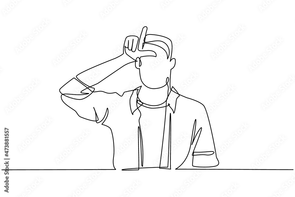 Single continuous line drawing unhappy man showing loser sign on ...