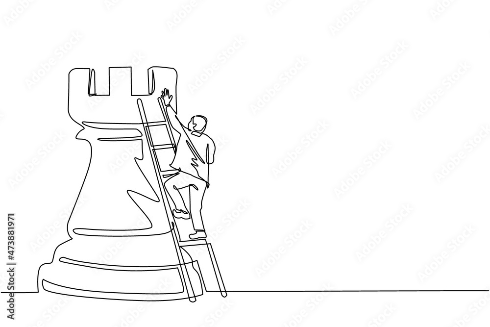 Single continuous line drawing businessman climb huge rook chess piece ...