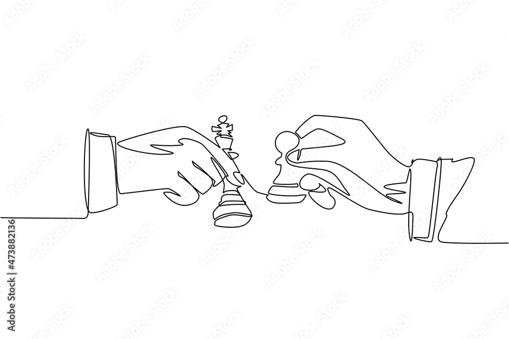 Single continuous line drawing two man's hands with king and pawn chess ...