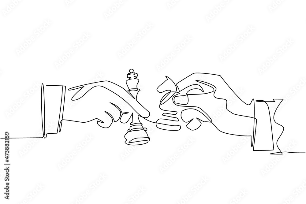Single continuous line drawing two man's hands with king and horse ...