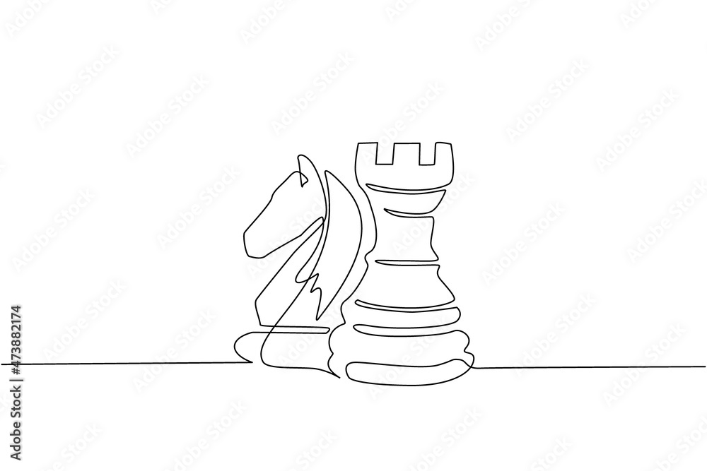 Continuous one line drawing rook and knight chess logo. Set of emblems ...