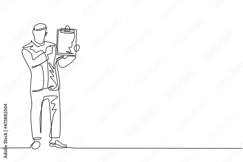 Single one line drawing office workers standing with clipboards. Man in ...