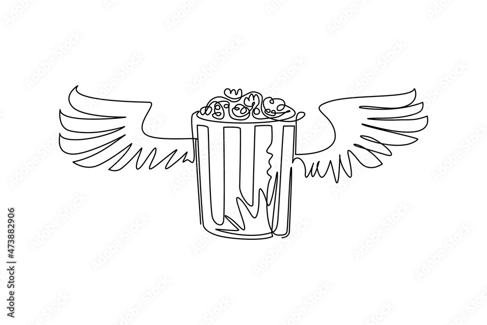 Single continuous line drawing full popcorn bucket with wings logo ...