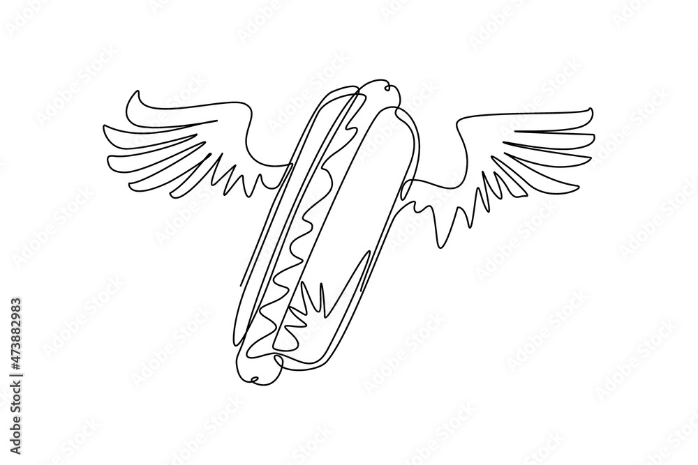 Single continuous line drawing hot dog with wings logo. Meal, delivery ...