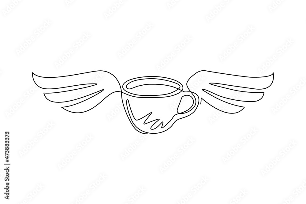 Single one line drawing cup of coffee with wings. Idea for advertising coffee drinks, business ...