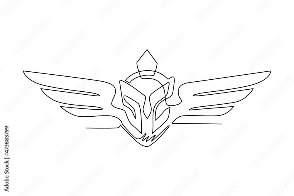 Single continuous line drawing spartan helmet with wings. Spartan ...