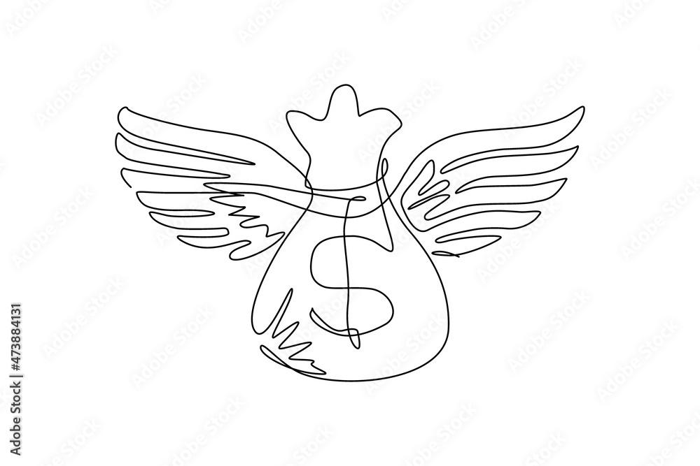 Single one line drawing money bag flying with wings. Dollar money bag ...