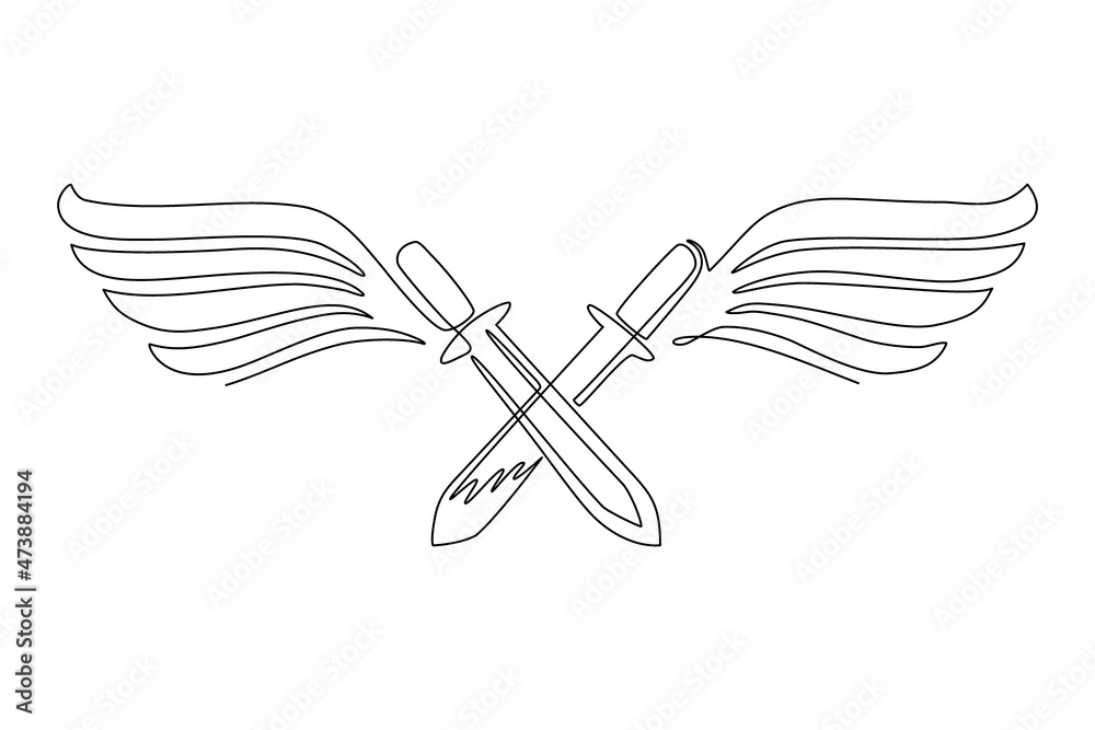 Single one line drawing flying two crossed swords. Weapon of medieval ...