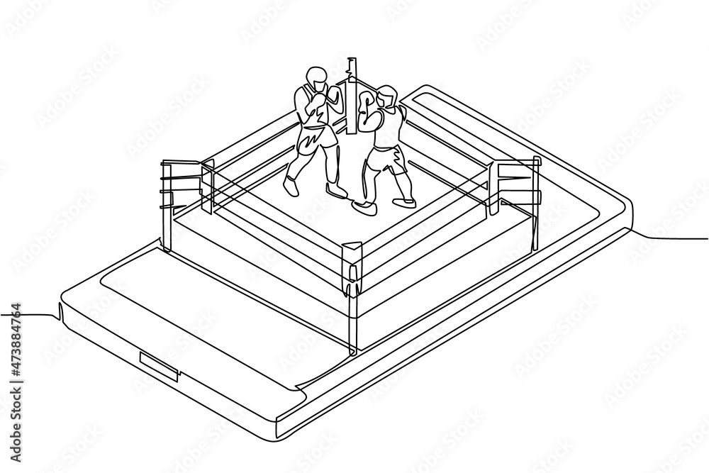 Single continuous line drawing boxing ring with two boxers on ...