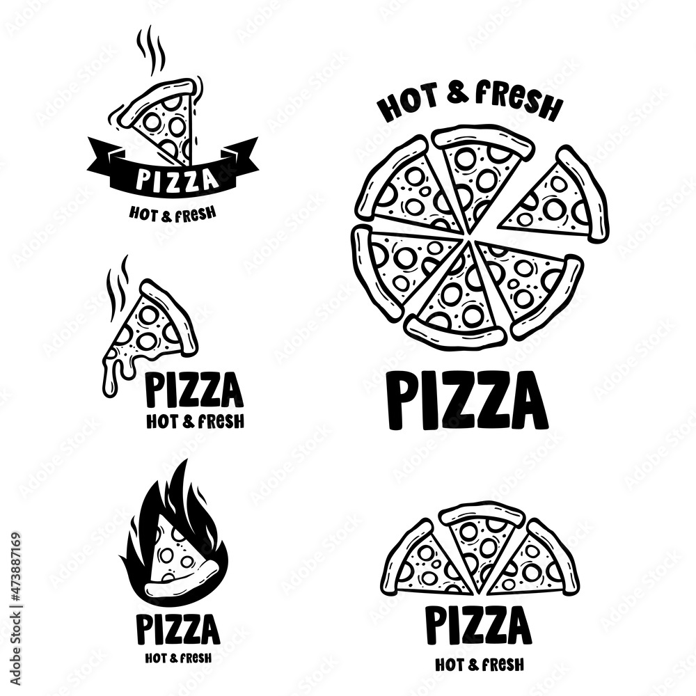 Hand drawn Pizza set. Labels, emblems and stickers of pizza logo. Stock ...