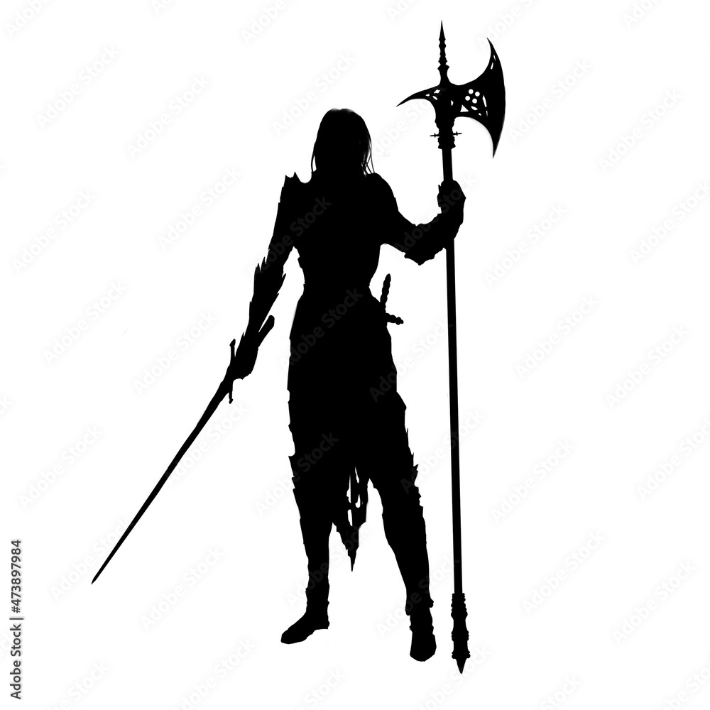 The silhouette of a beautiful slender female assassin, leaning on a ...