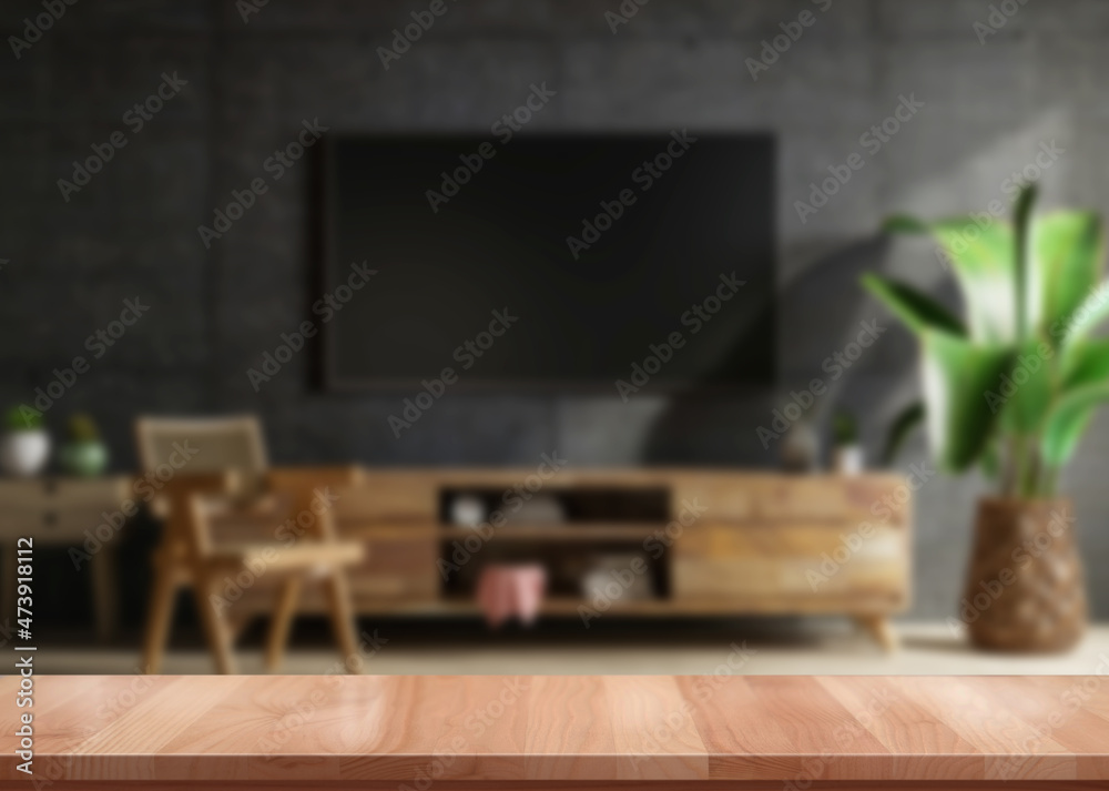 empty wooden table product display montage loft space room with tv ...