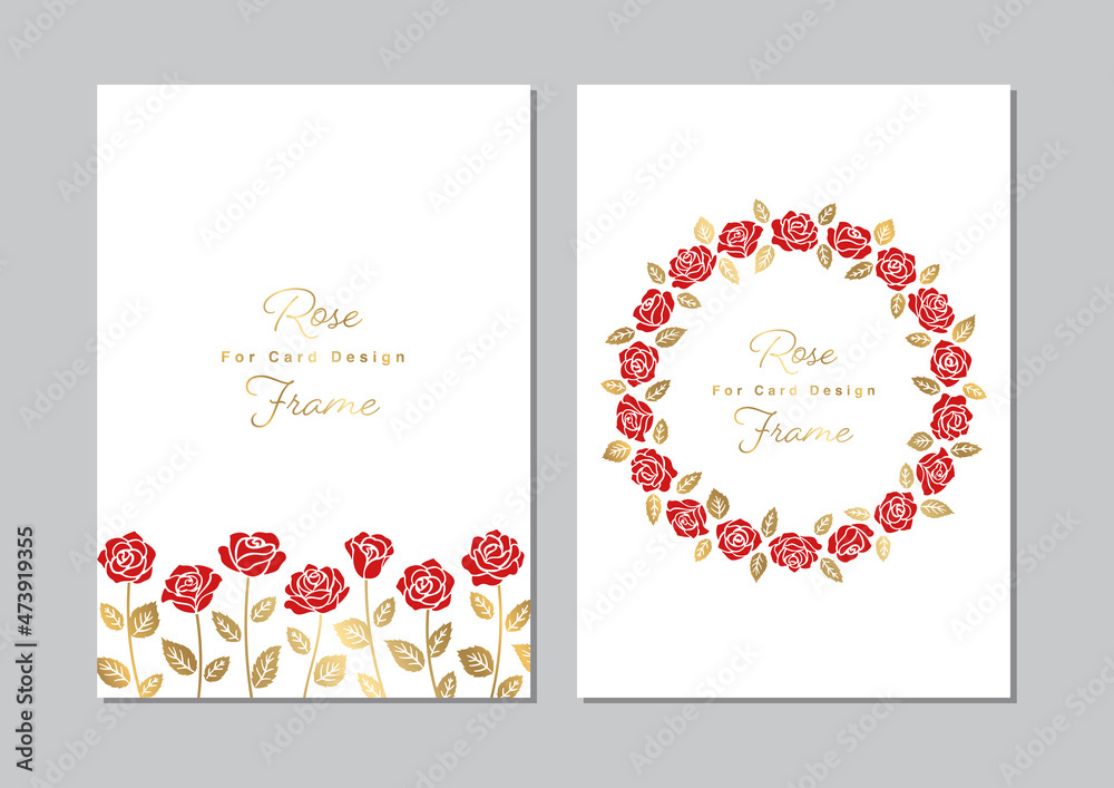 Rose Illustrations Card Design Set, Red Flowers and Gold Leaves on ...