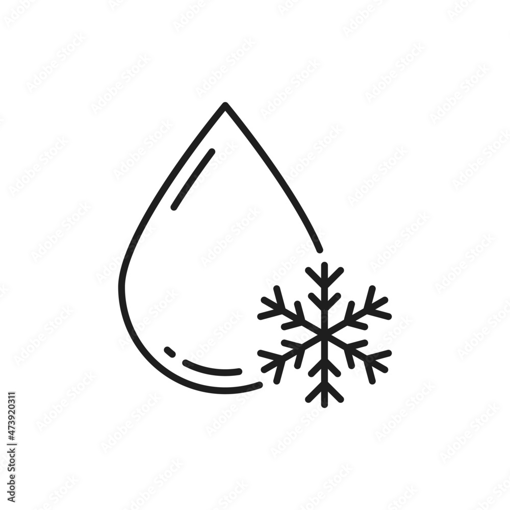 Freezing water, drop with snowflake isolated outline icon. Vector no ...