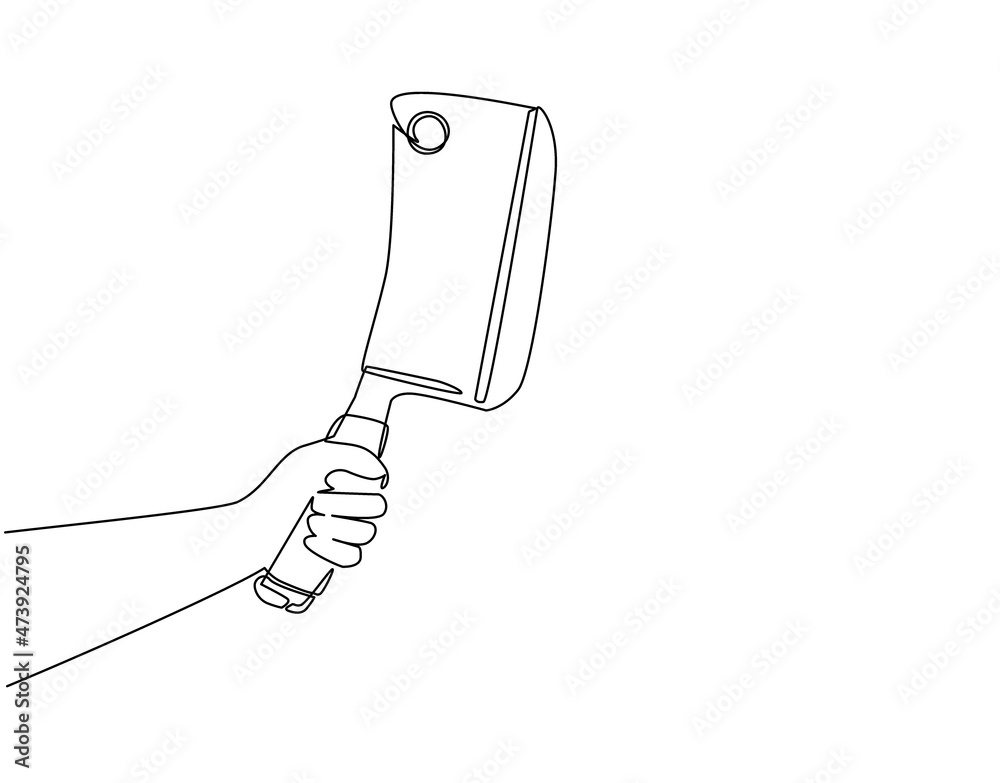 Continuous one line drawing hand holding meat kitchen cleaver, butcher ...
