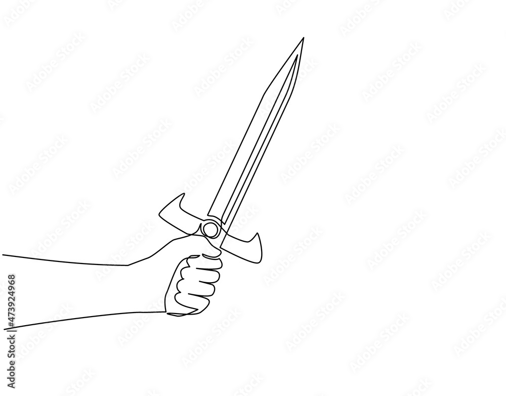 Single continuous line drawing man hand hold sword warrior. Hand of ...