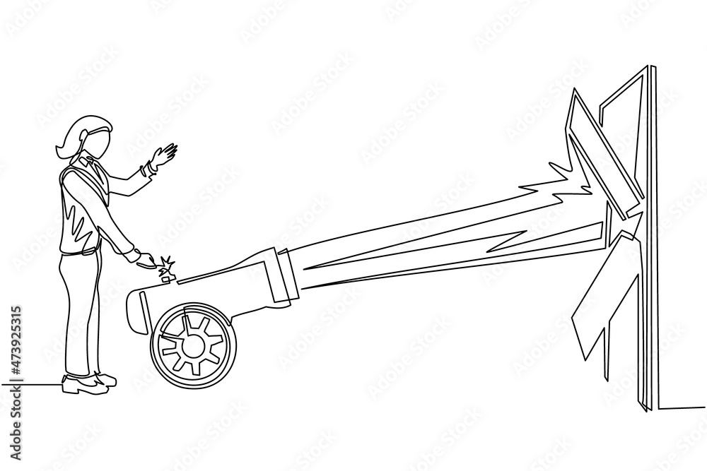 Continuous one line drawing businesswoman ignites cannon in front of ...