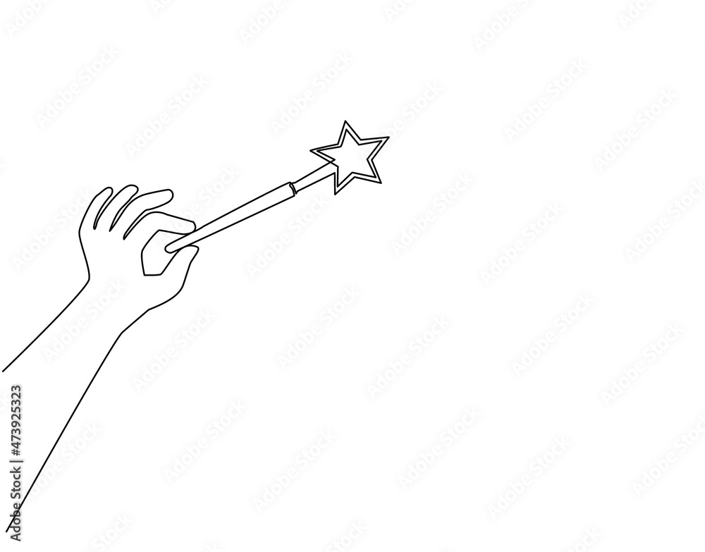 Single one line drawing hand holding magic wand. Decorative magic wand ...