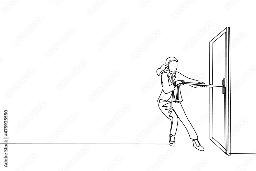Single continuous line drawing businesswoman pulling rope to drag door ...