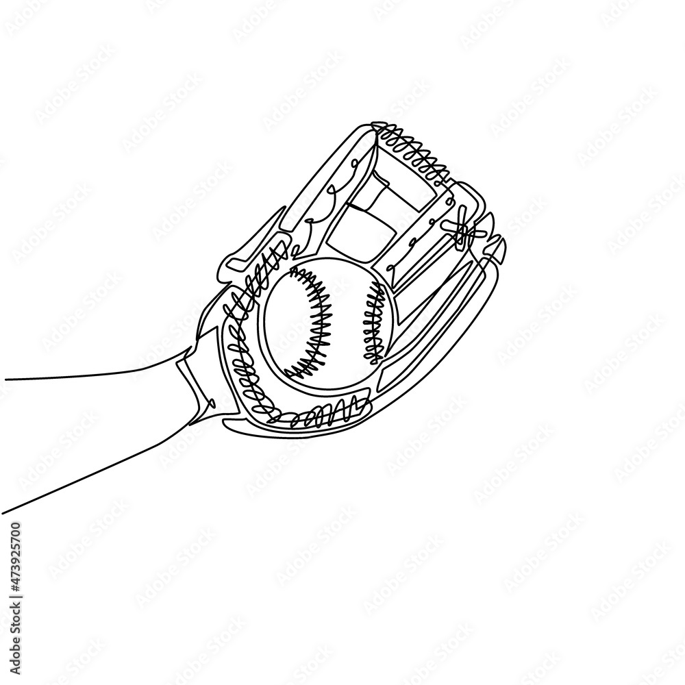 Single continuous line drawing baseball player hand holding ball with ...