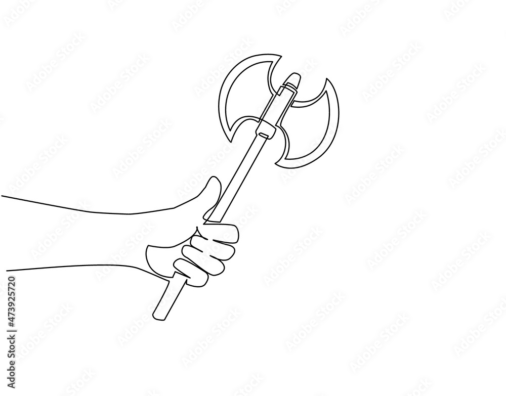 Single continuous line drawing hand holding battle axe with handle ...
