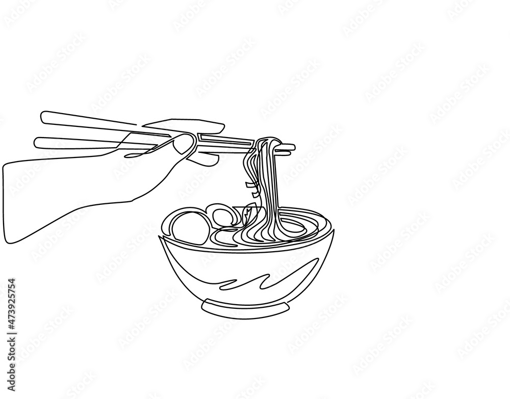 Single continuous line drawing hand drawn ramen soup in black bowl with ...
