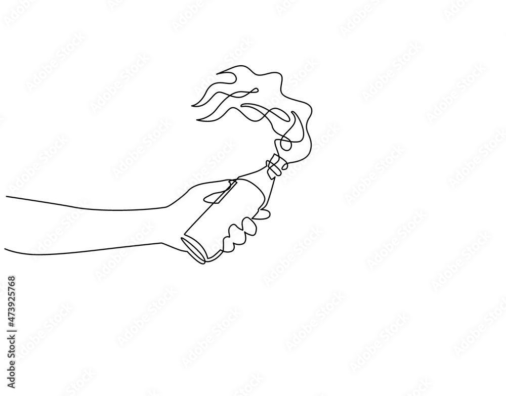 Single one line drawing hand holding molotov cocktail, handmade bomb ...