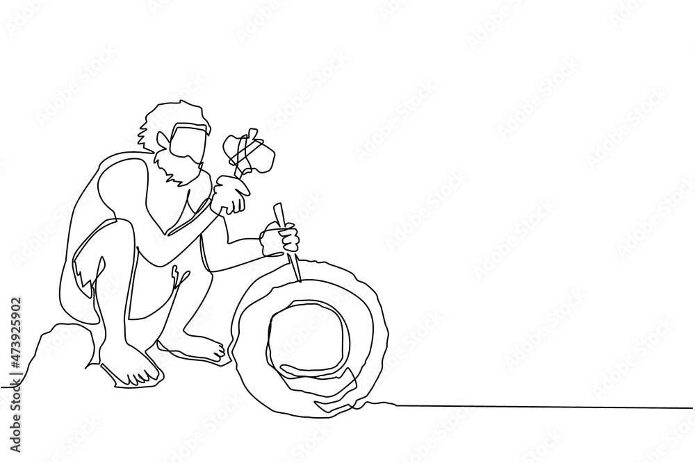 Continuous one line drawing prehistoric primitive people isometric ...