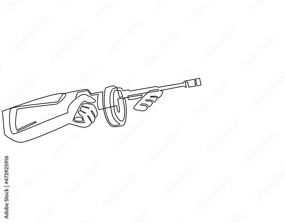 Continuous one line drawing hand holding tommy gun. Thompson submachine ...